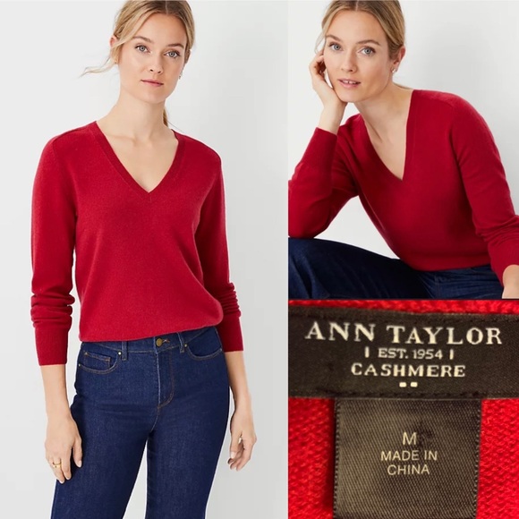 Ann Taylor | Sweaters | Ann Taylor Size M Red Cashmere V Neck Sweater ...